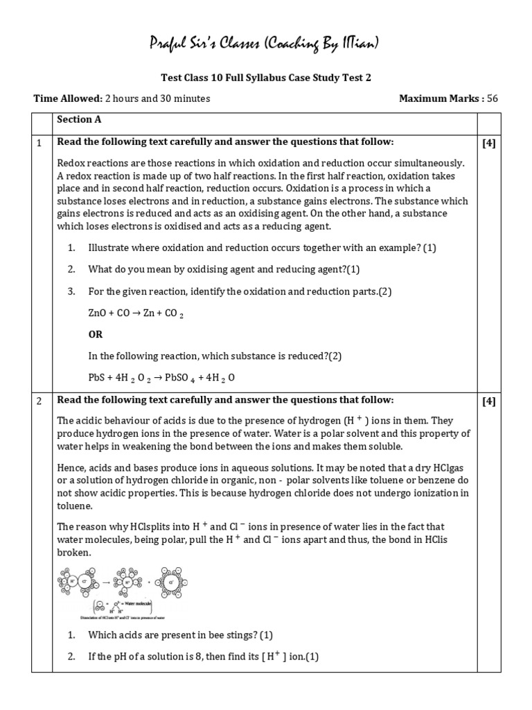 Test Class 10 Full Syllabus Case Study Test 2 | PDF | Redox | Acid