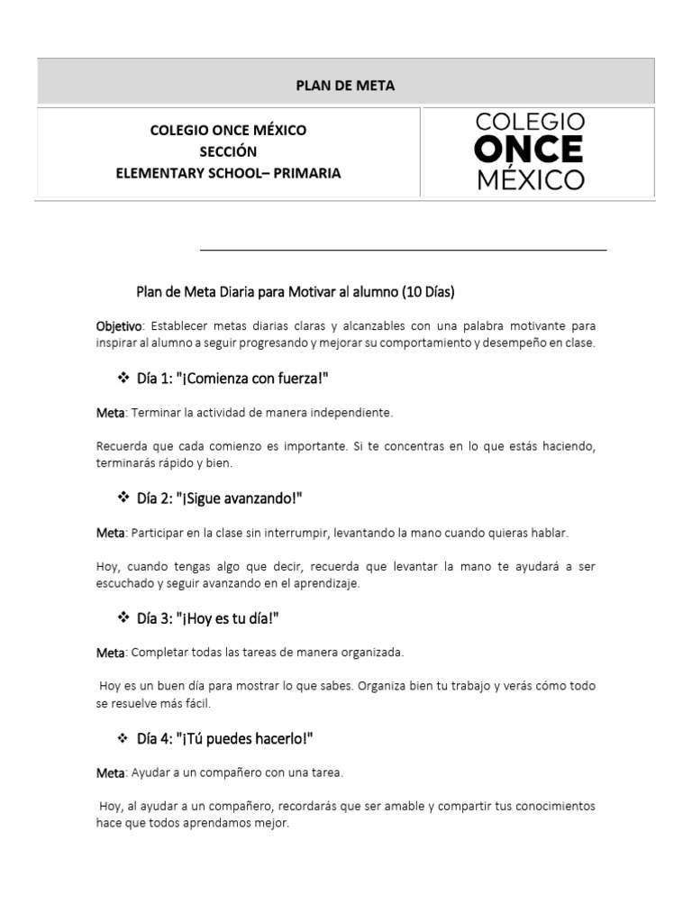 Plan de Metas Diarias para Alumnos | PDF | Cognición | Aprendizaje