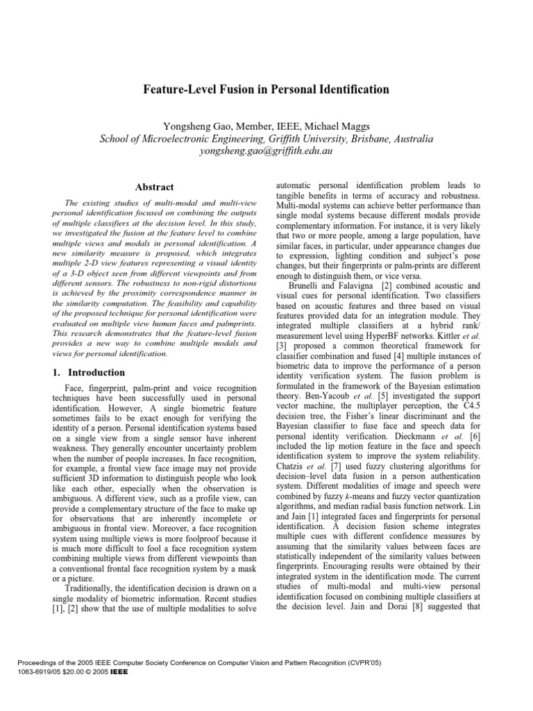 Feature-Level Fusion in Personal Identification | PDF | Statistical ...