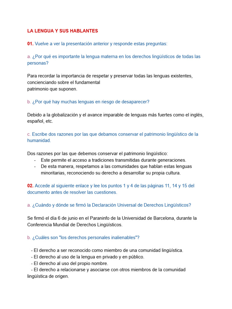 La Lengua y Sus Hablantes, Trabajo Lengua | PDF | Lingüística
