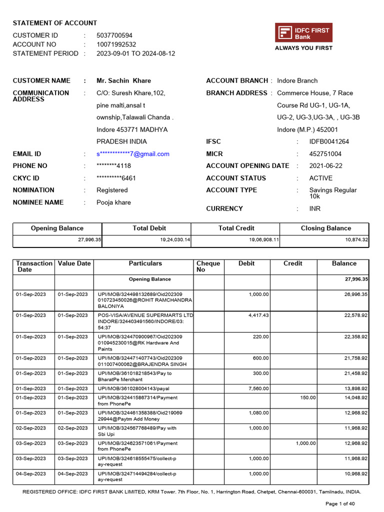 Banking Idfc 1.9.23-12.8.24 | PDF | Payments | Debits And Credits