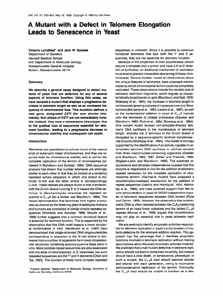 A Mutant With A Defect in Telomere Elongation Leads To Lundblad ...
