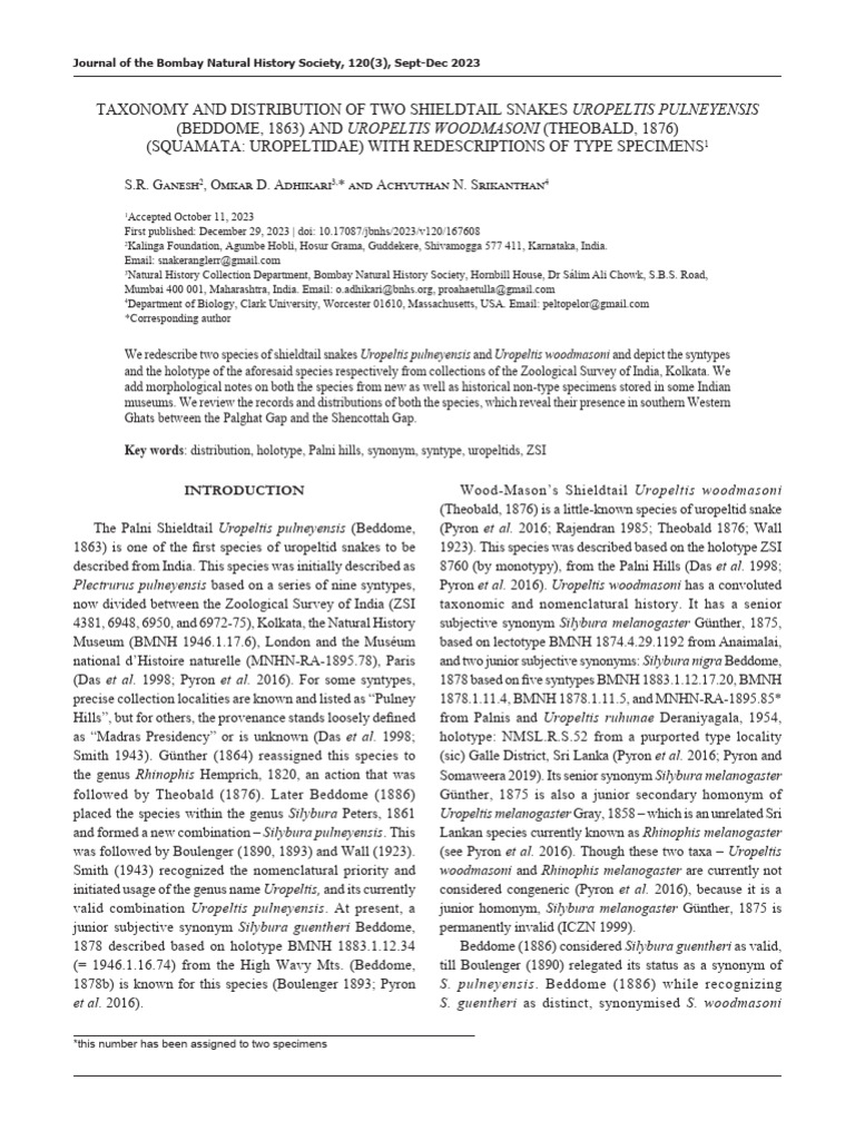 Taxonomy and Distribution of Two Shieldtail Snakes (BEDDOME, 1863) AND ...