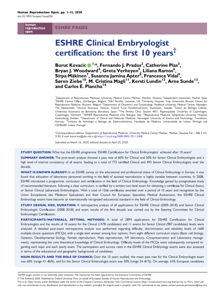 ESHRE Clinical Embryologist certification_the first 10 years | PDF | Medicine | In Vitro ...