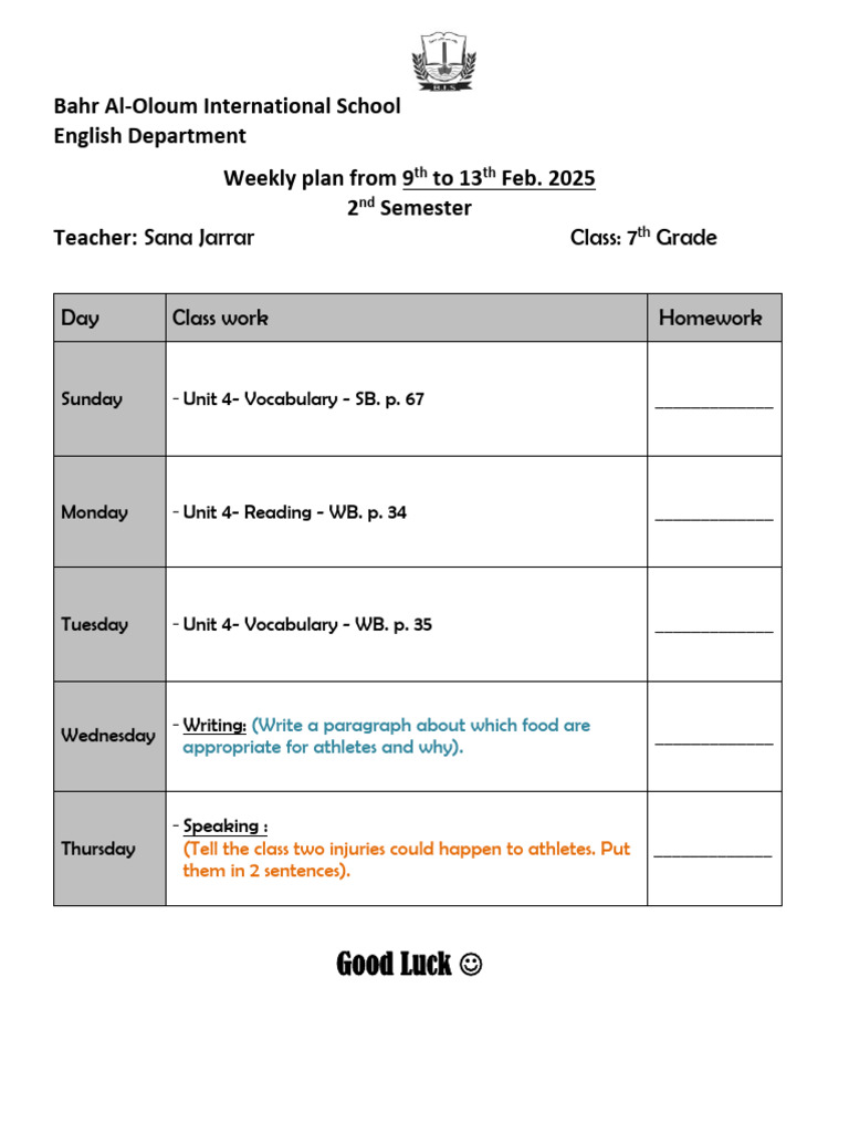 7th Grade- Weekly Plan-2 | PDF