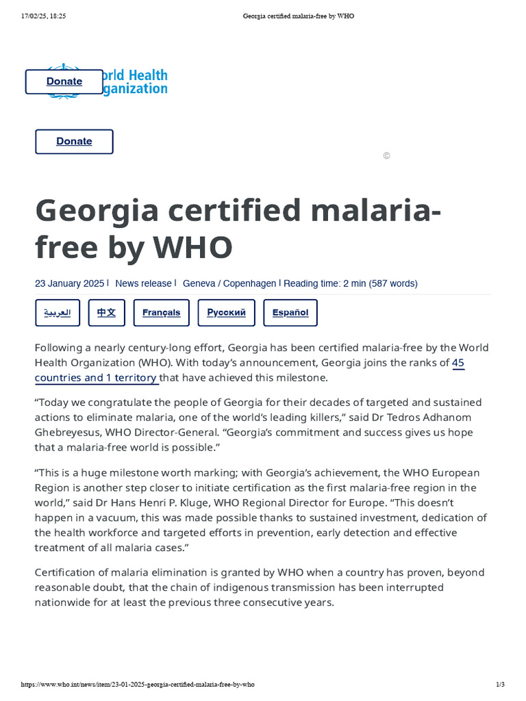 Georgia Certified Malaria-Free by WHO | PDF | Malaria | World Health ...
