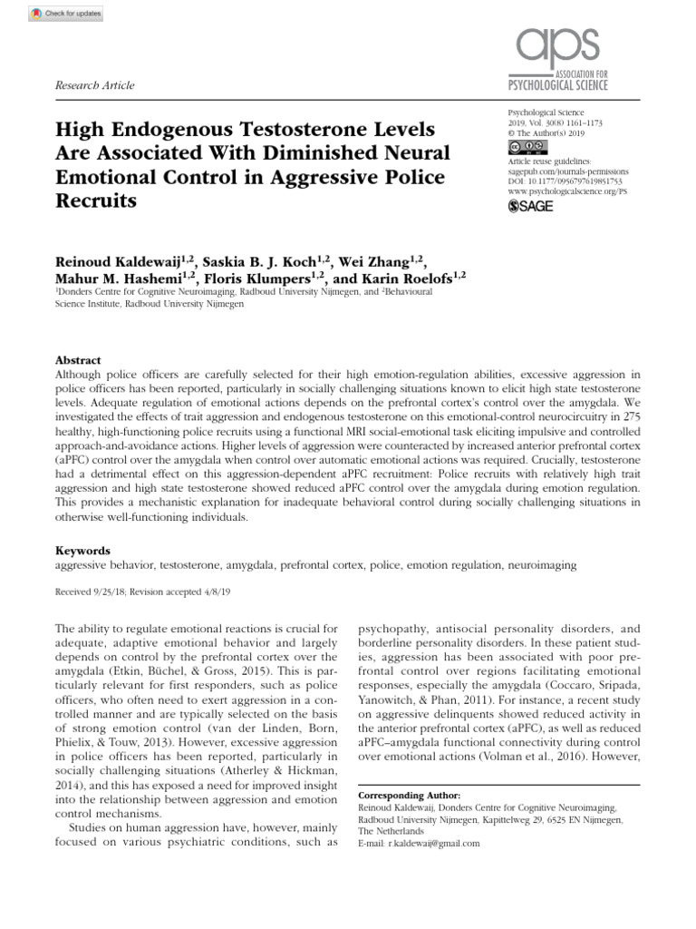 High Endogenous Testosterone Levels | PDF | Aggression | Amygdala