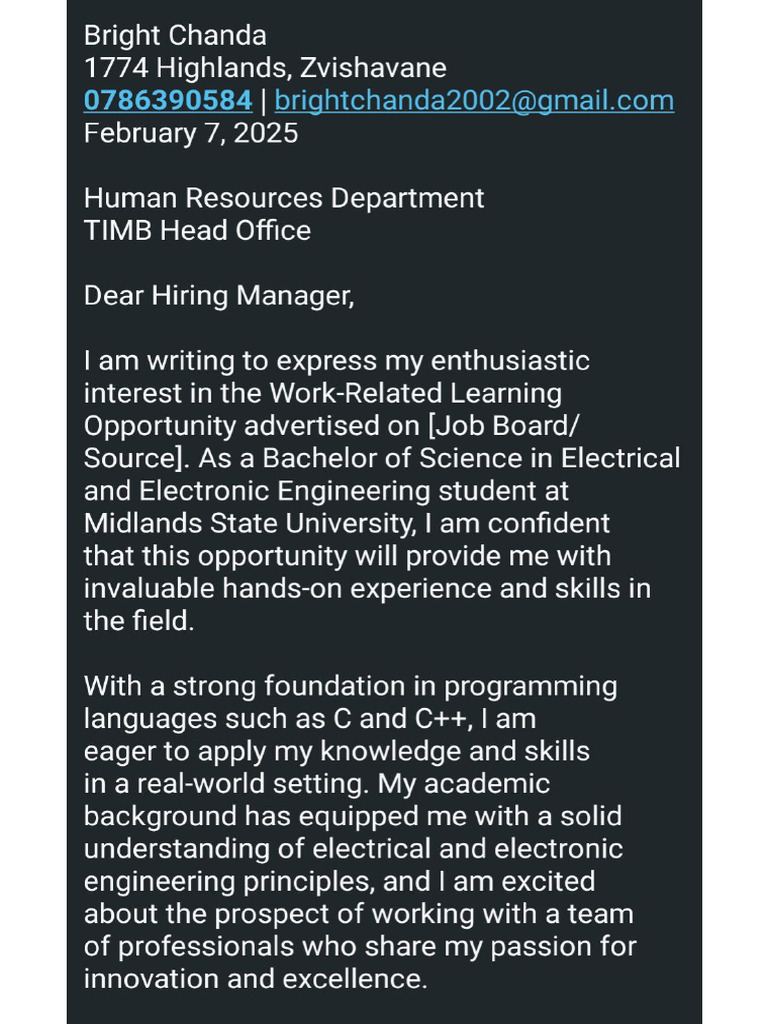 Bright Chanda ICT Attachment Application | PDF