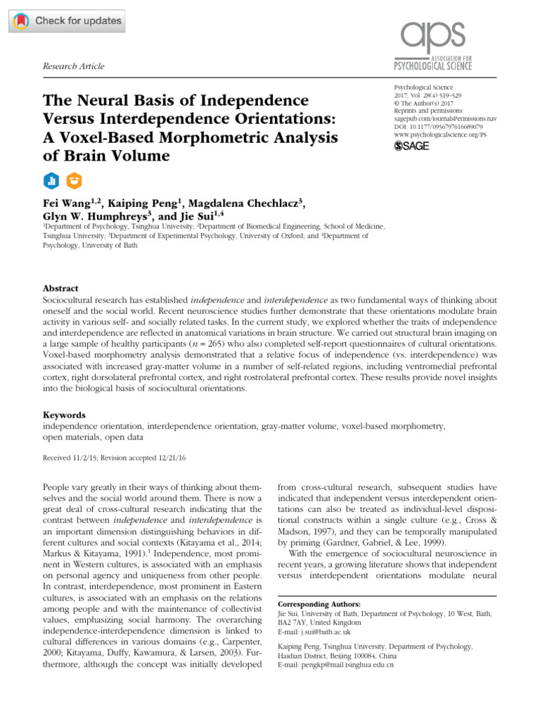 The Neural Basis of Independence Versus Interdependence Orientations | PDF | Parietal Lobe ...