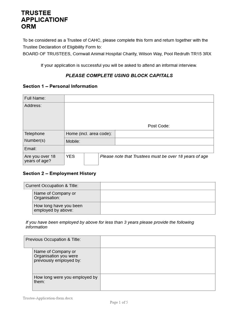 Charity Trustee Application Form Template | PDF