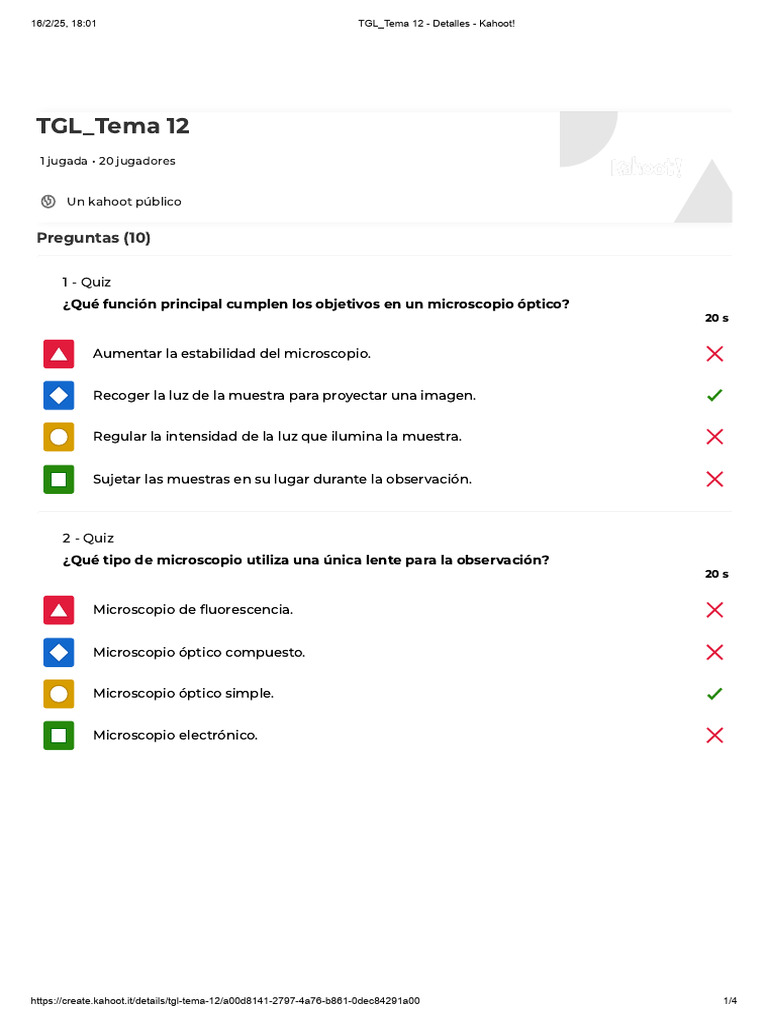 TGL - Tema 12 - Detalles - Kahoot! | PDF | Microscopio | Óptica