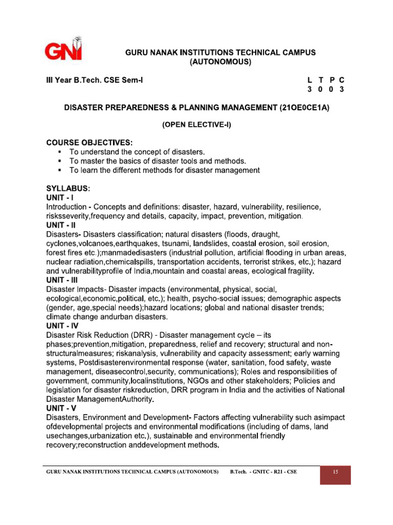Disaster Management Syllabus R21 | PDF