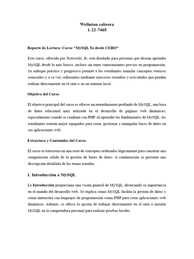Reporte de Lectura - Welinton | PDF | Mi sql | Bases de datos