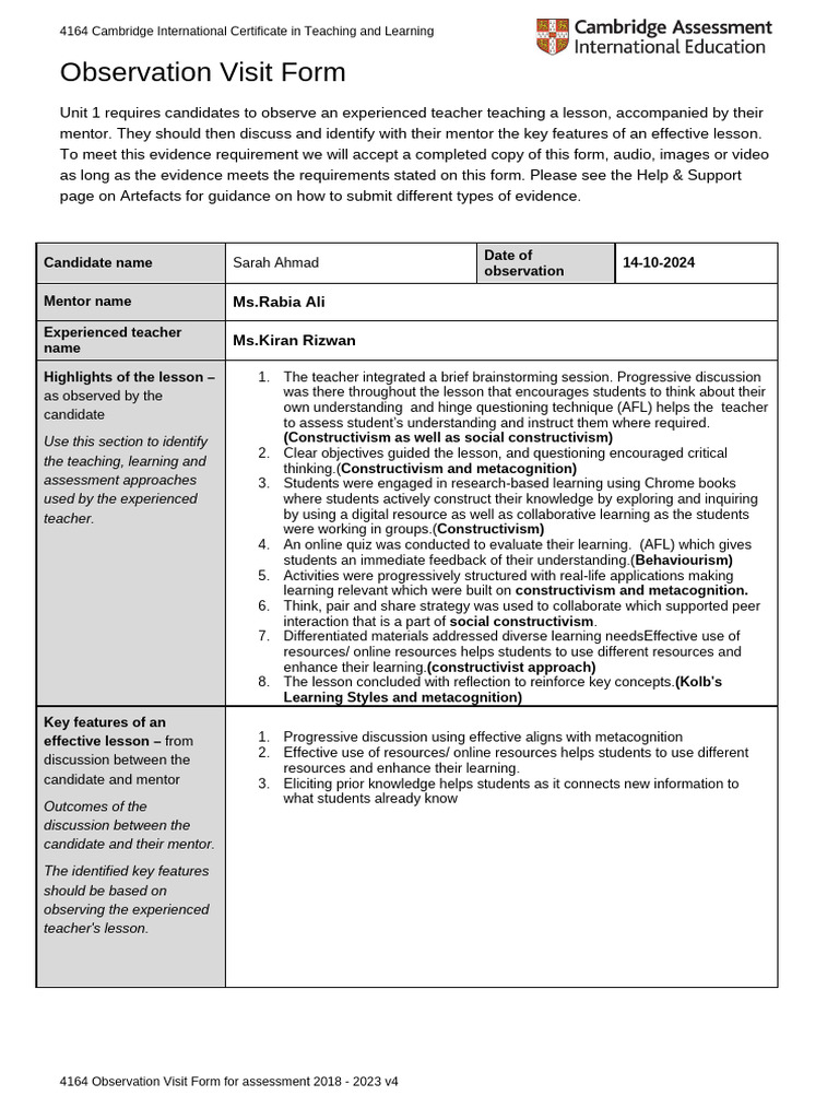 Sarah Ahmad - 92910_TCHR_LMAPR - Module 1 Unit 1 Observation Visit Form ...