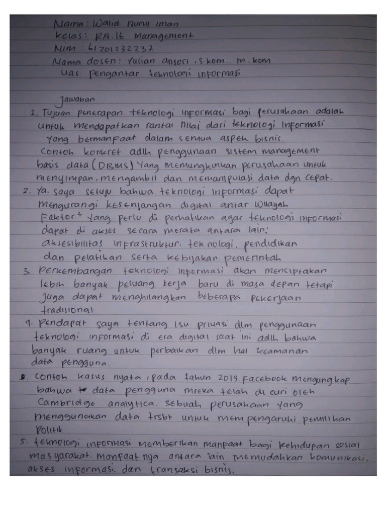 Walid Nurul Iman RA.16 Management, UAS PTI | PDF