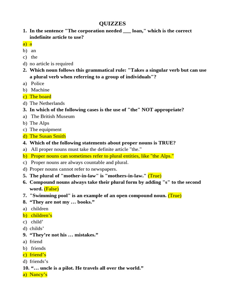 Grammar Quiz: Articles and Nouns | PDF