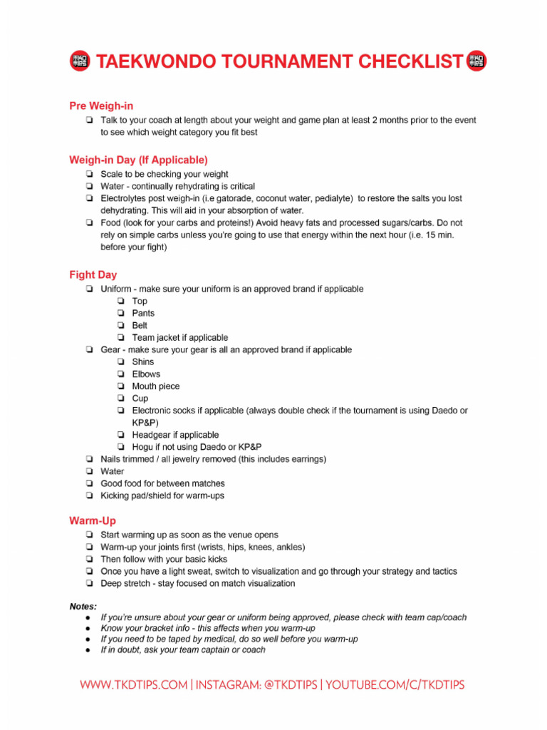 Tkdtips Tournament Checklist | PDF