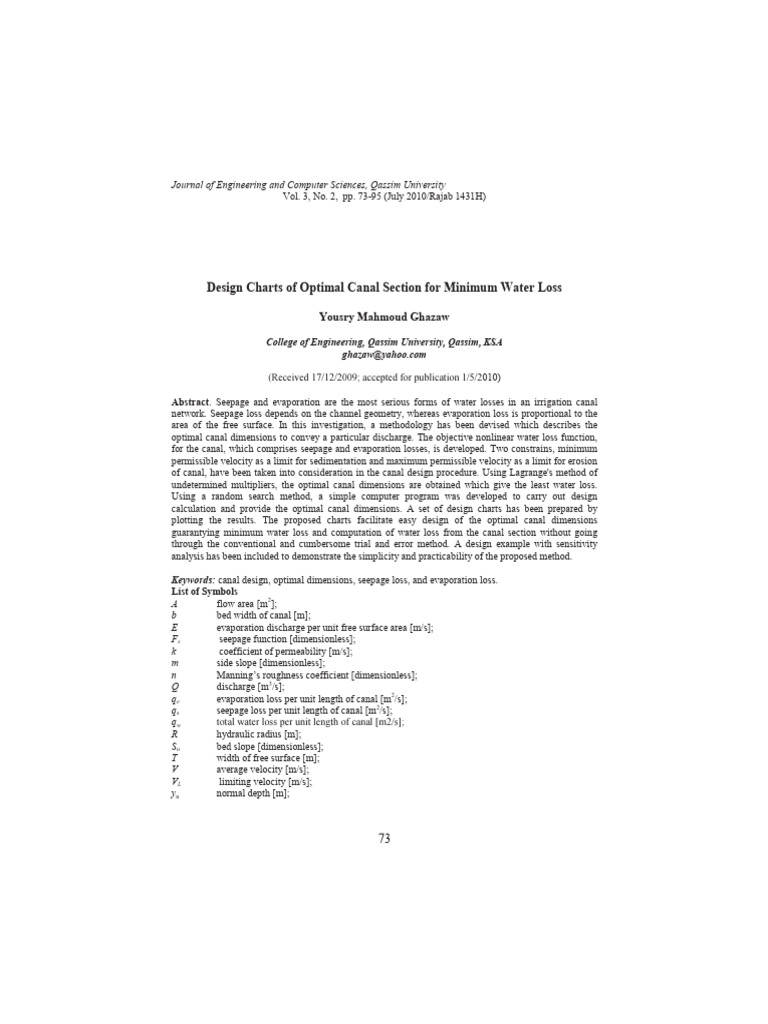 Ghazaw - Design Charts of Optimal Canal Section For Minimum Water Loss ...