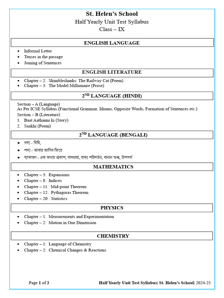 Class IX Half Yearly Syllabus | PDF