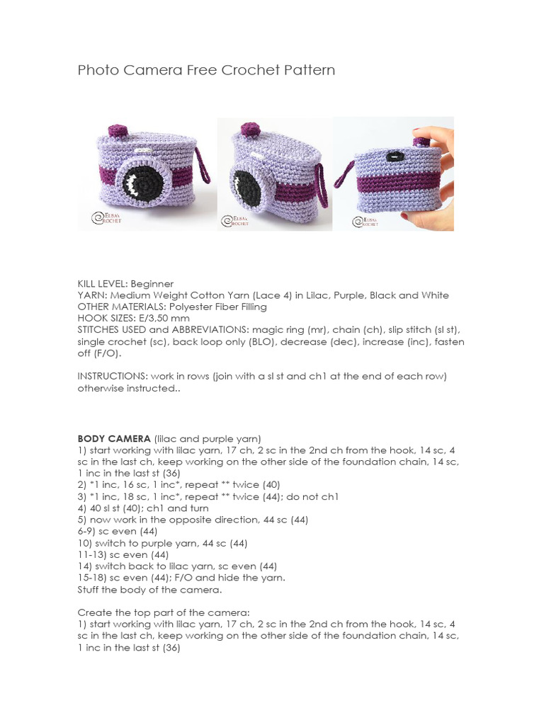 Free Crochet Camera Pattern | PDF | Crochet | Figured Fabrics