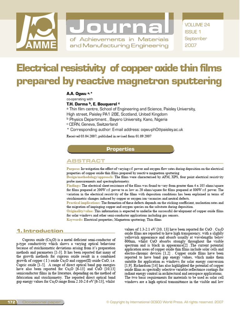 ResistivityCuOthinfilms | PDF | Thin Film | Sputtering