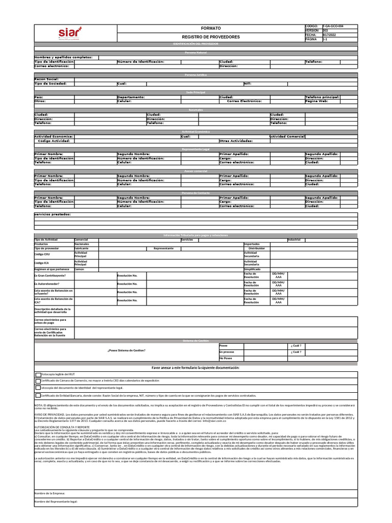 F-Ga-Gco-004 Registro de Proveedores V.2 | PDF | Información | Pagos