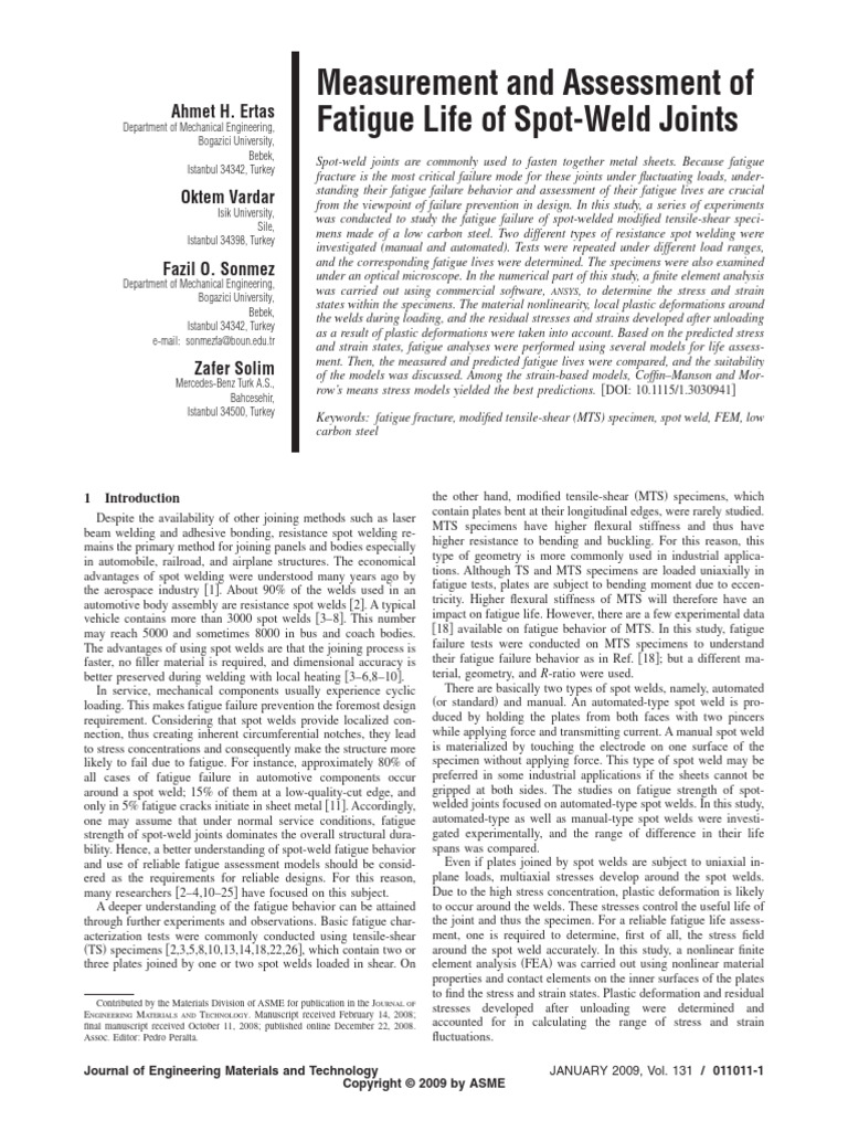 Measurement and Assessment of Fatigue Life of Spot-Weld Joints | PDF ...