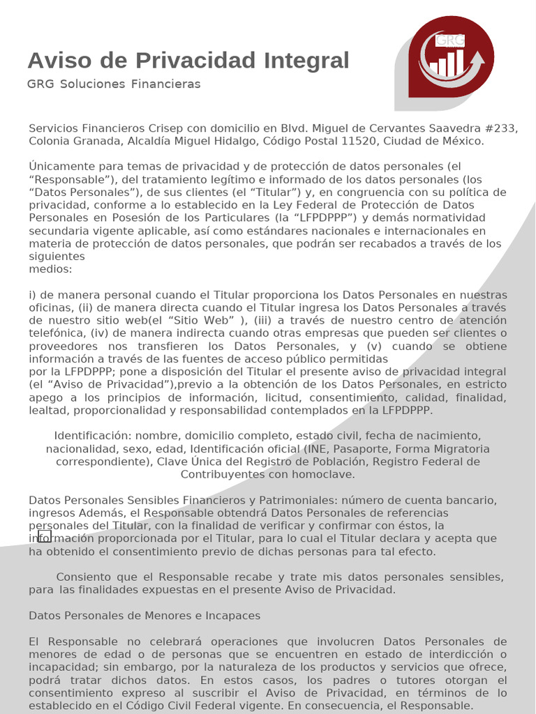 Aviso de Privacidad de GRG Finanzas | PDF | Cookie HTTP | Internet