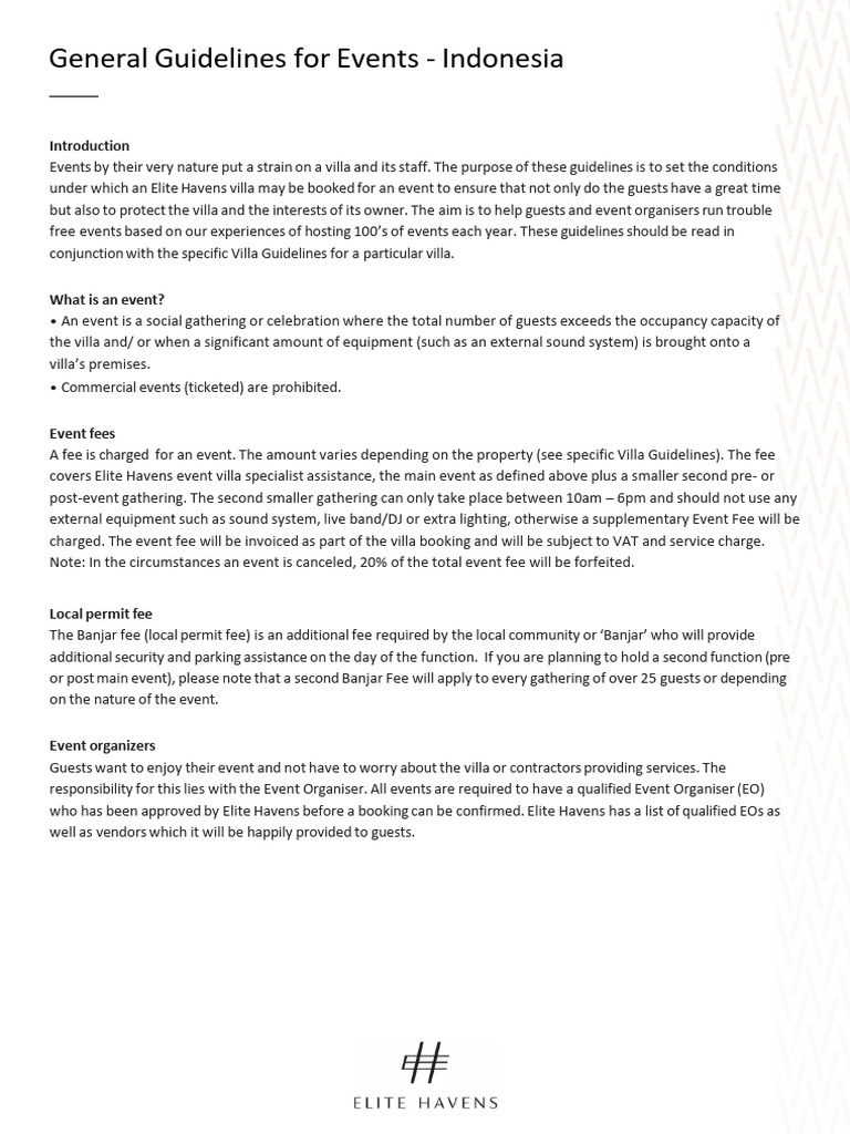 Event Booking Guidelines for Elite Villas | PDF