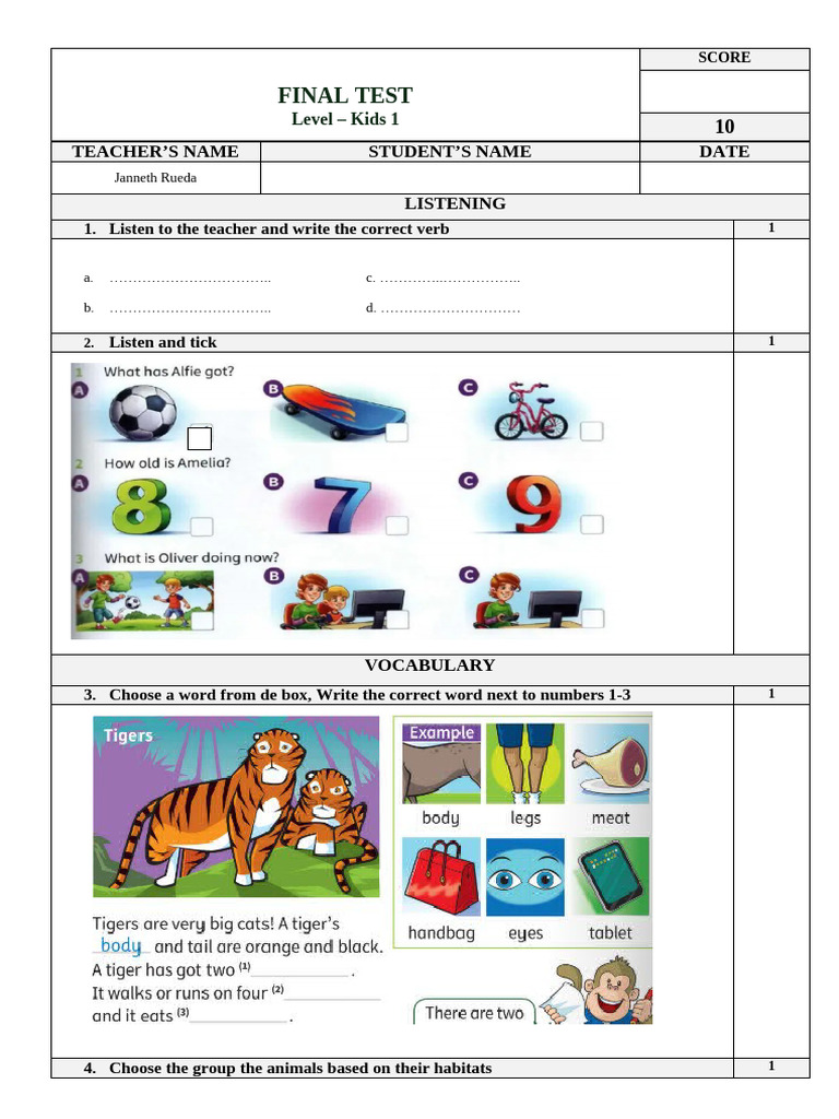 Kids 1 Final Test: Listening & Vocabulary | PDF