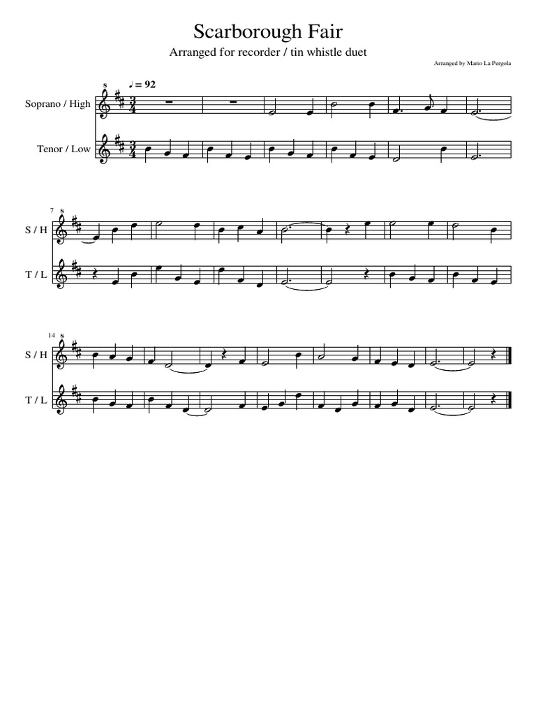 Scarborough Fair Arranged For Recorder Tin Whistle Duet | PDF