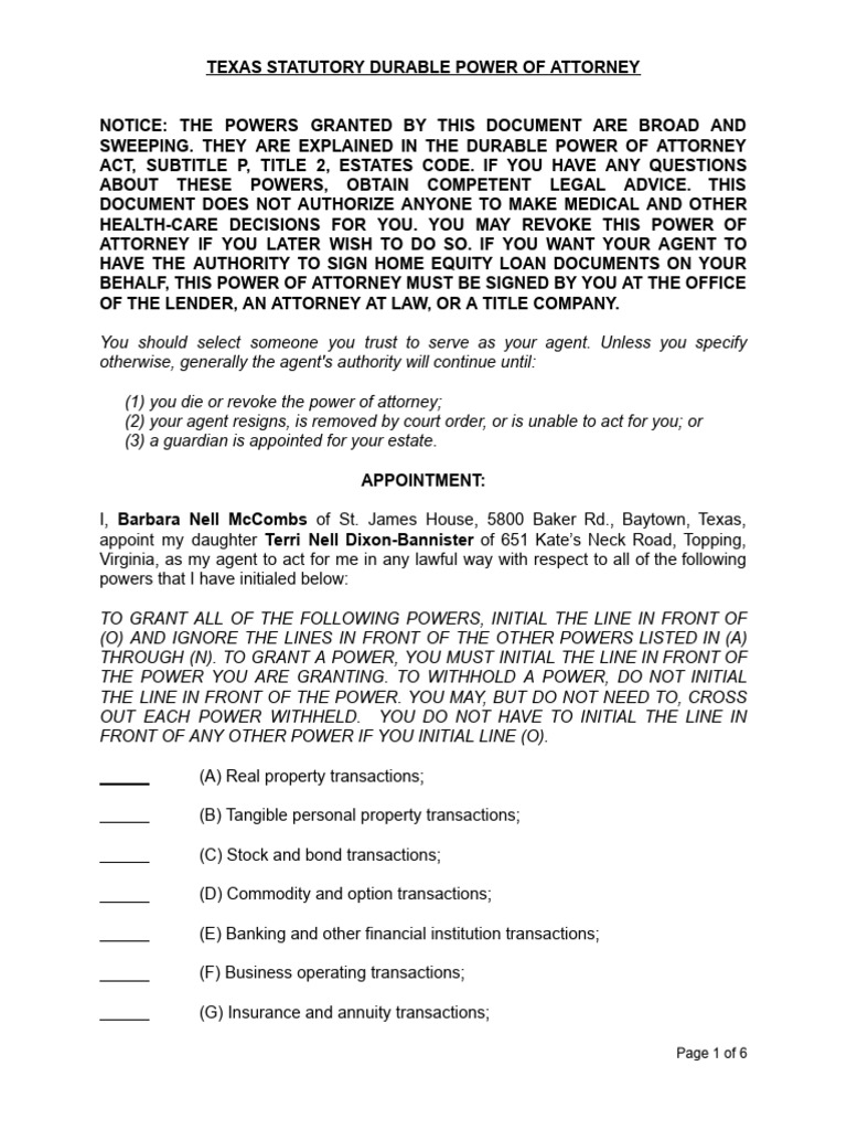 Texas Statutory Durable Power of Attorney Form | PDF | Power Of ...