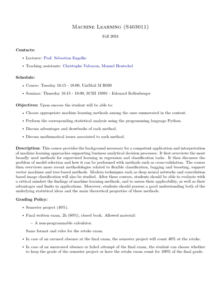 ML Syllabus 2024 Fall | PDF | Machine Learning | Support Vector Machine