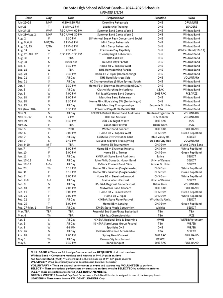 2024-25BandCalendar | PDF | Musical Groups | Classical Music Groups