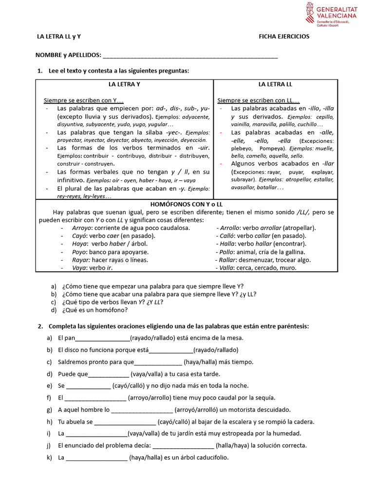 Ejercicios sobre uso de Y y LL | PDF