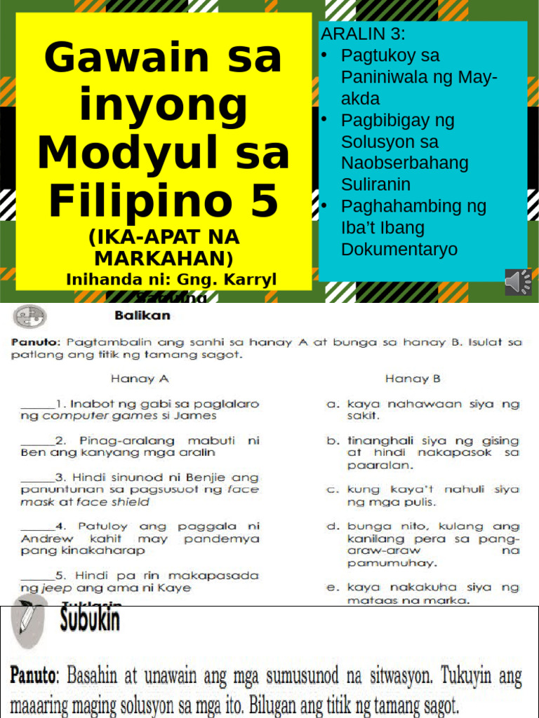 q4 Fil. Aralin 3 Gawain Sa Modyul | PDF