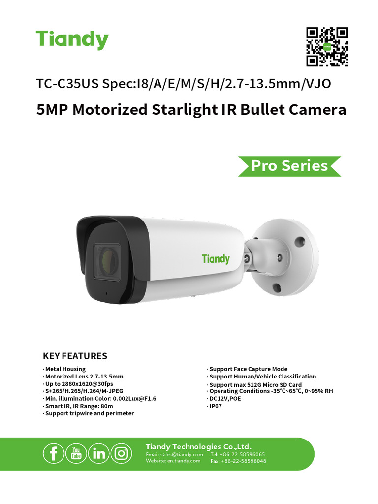5MP Motorized Starlight IR Bullet Camera: TC-C35US Spec:I8/A/E/M/S/H/2. ...