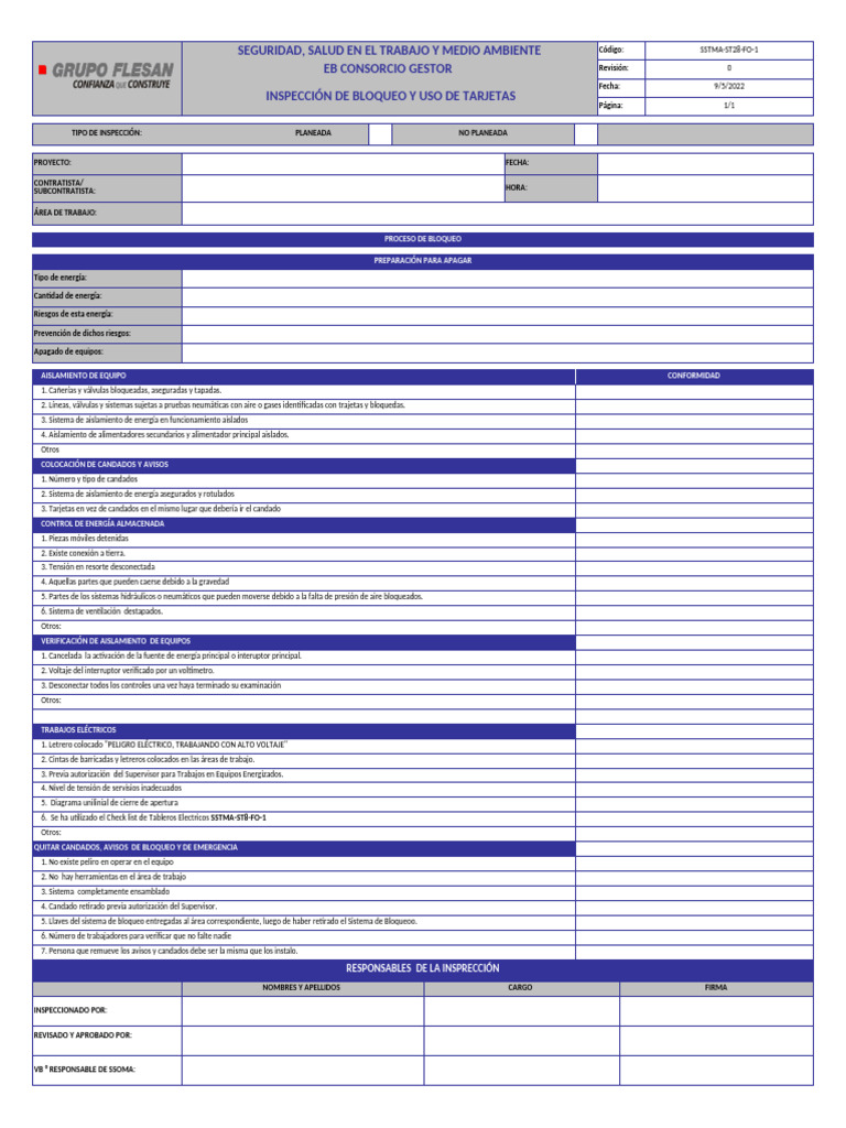 SSTMA-ST28-FO-1 Inspecccion de bloqueo y uso de Tarjeta | PDF | voltaje | Electricidad