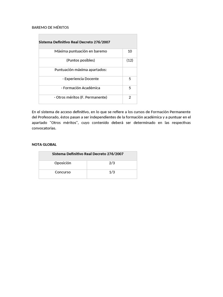 Baremo de Meritos y Nota Global | PDF