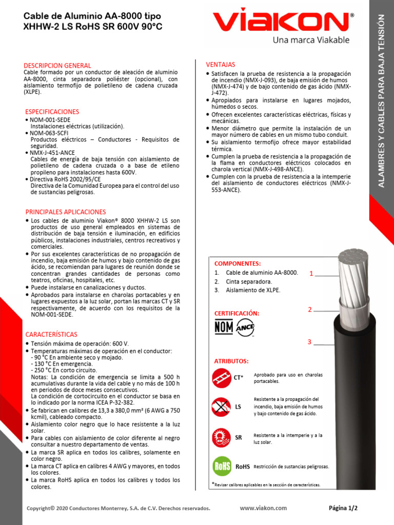 Cable AL-XHHW-2 SR VIAKON SERIE 8000 | PDF | Aislador (Electricidad) | Aluminio