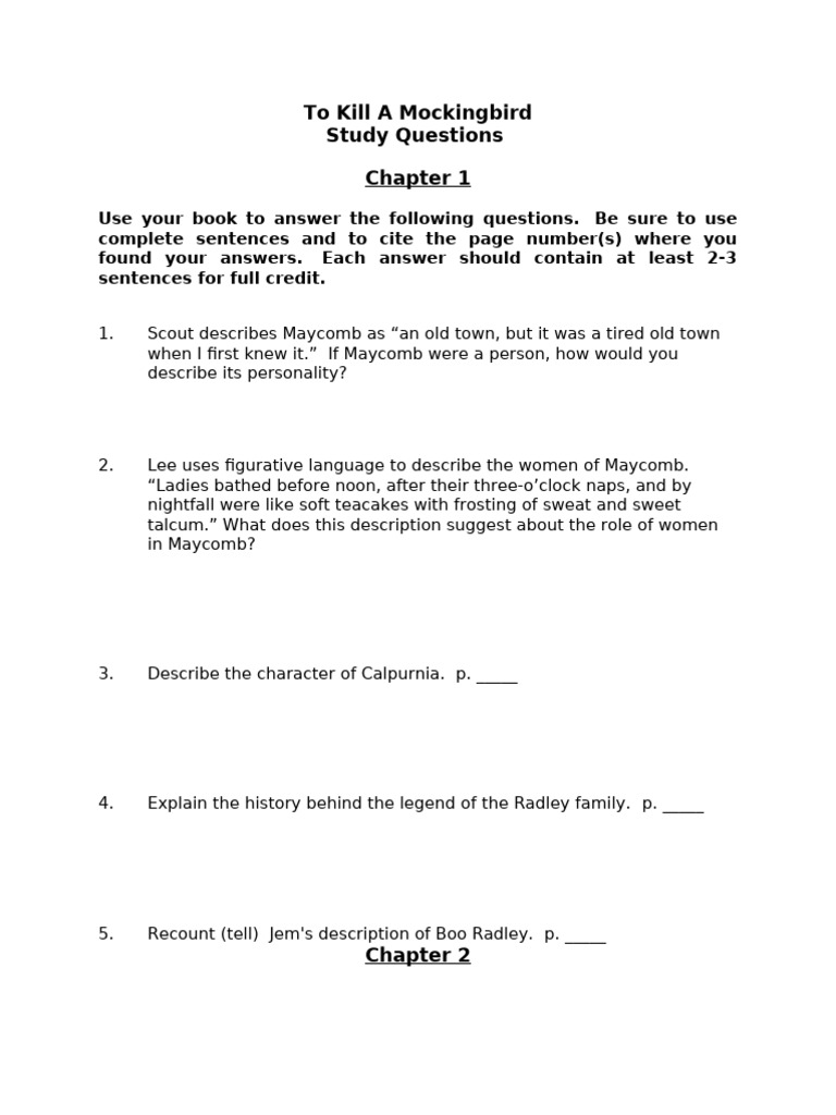 TKAM Chap 1-2 Study Guide | PDF