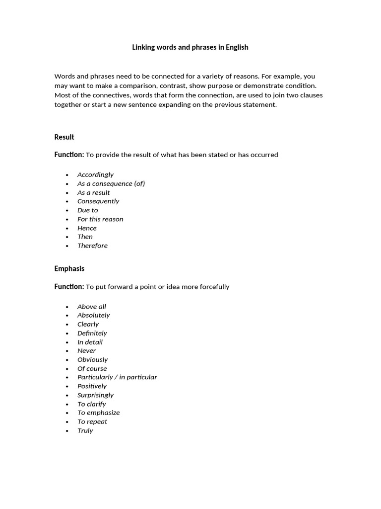Linking Words and Phrases in English | PDF | Reason | English Language