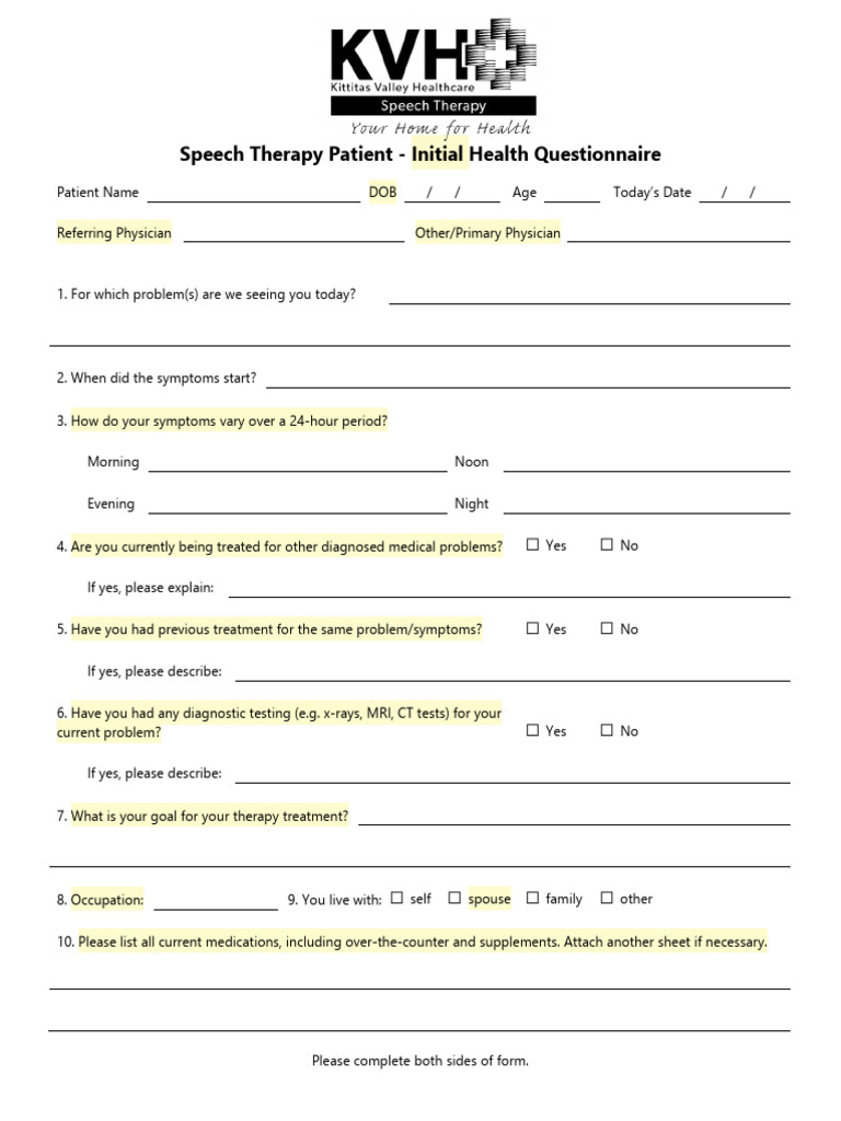 Speech Therapy Patient Initial Health Questionnaire | PDF | Arthritis ...
