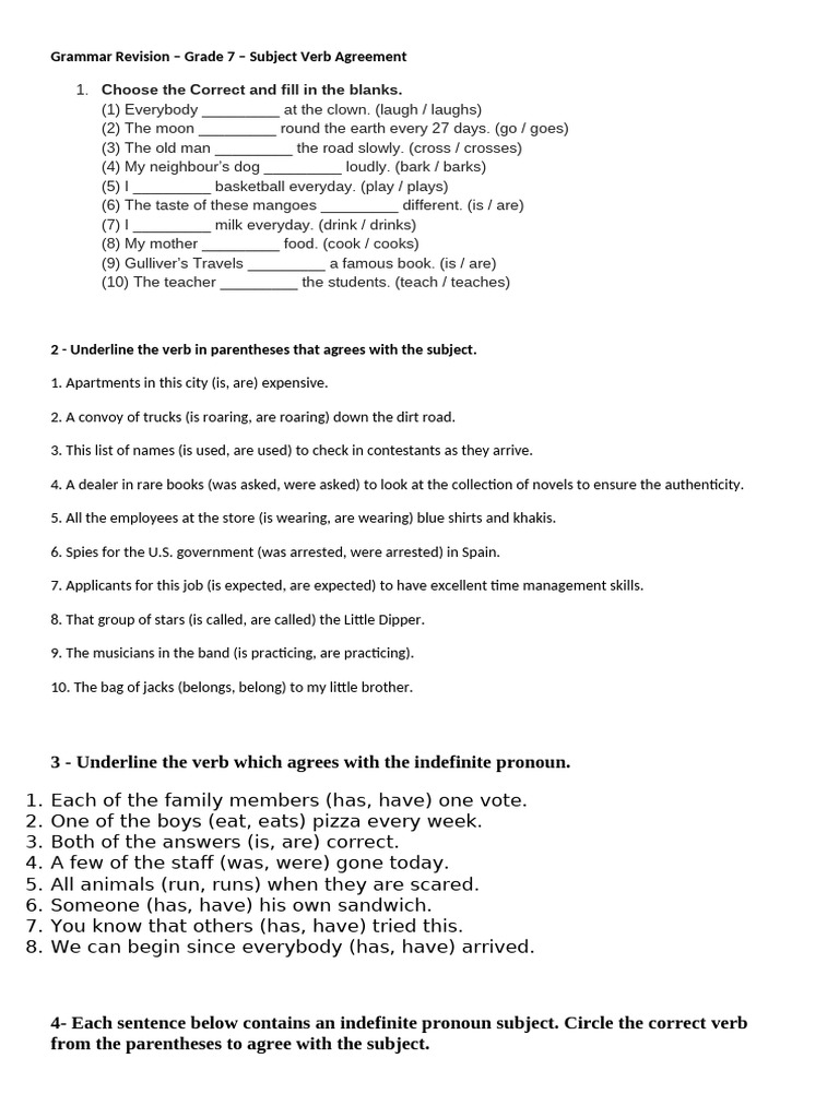 Grade 7 Subject-Verb Agreement Exercises | PDF | Linguistics