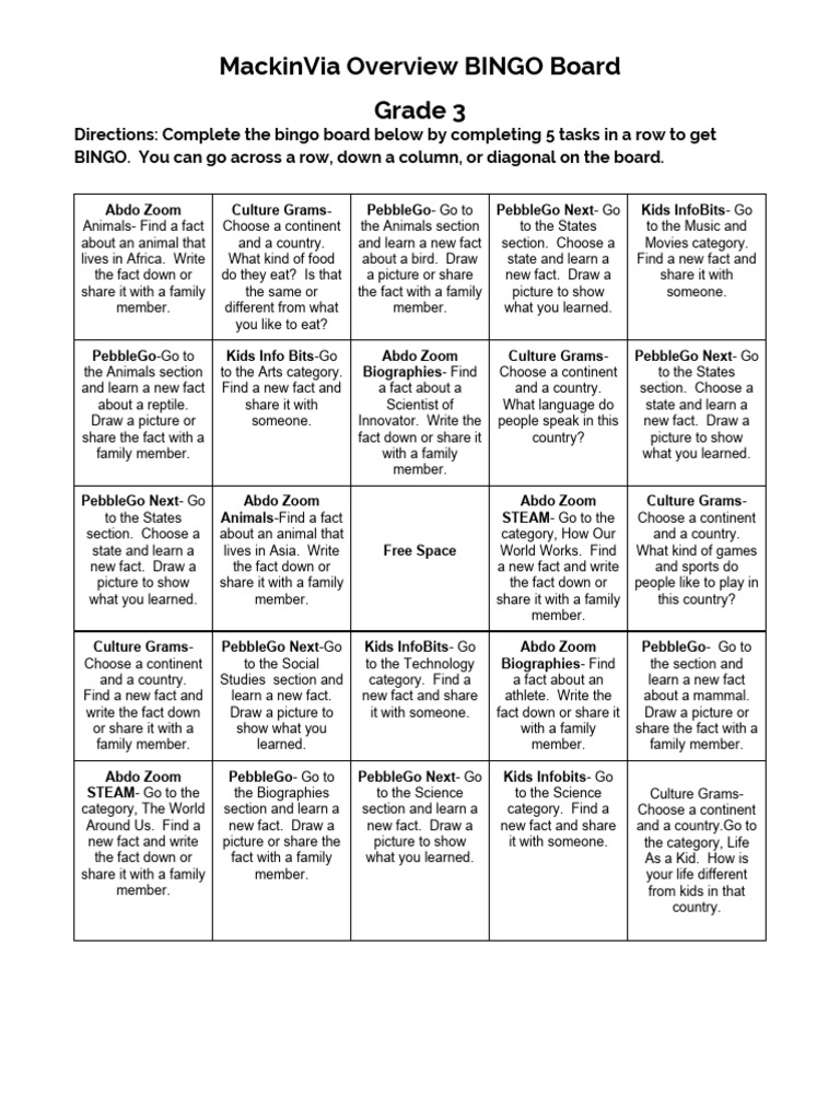 Grade 3 COL - MackinVia Overview BINGO Board (PDF Version) | PDF