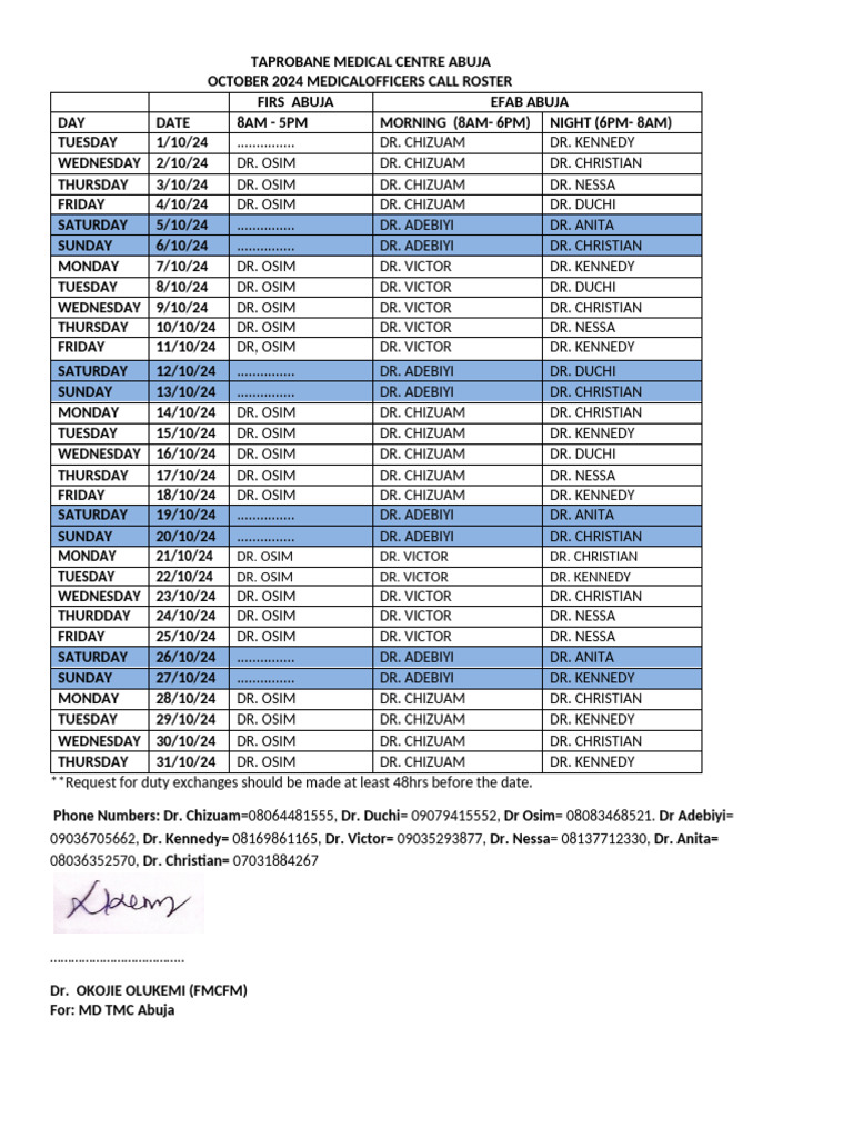 TAPROBANE SEPTEMBER DUTY ROSTER Updated | PDF