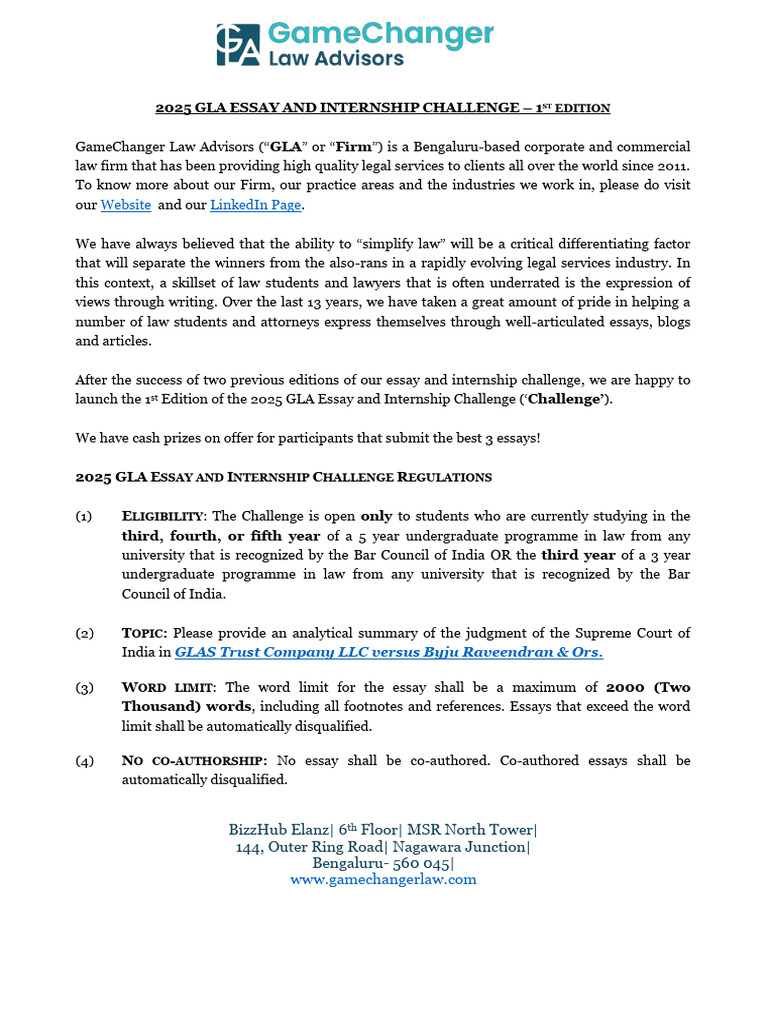2025 GLA Essay and Internship Challenge Regulations | PDF | Citation | Note (Typography)
