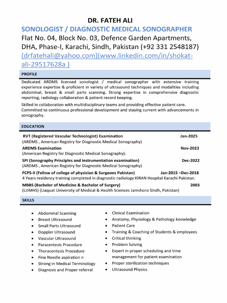 Dr. Fateh Ali: Sonologist Profile | PDF | Radiology | Medical Ultrasound