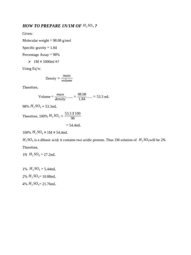 Preparing 1N/1M H2SO4 and HCl Solutions | PDF