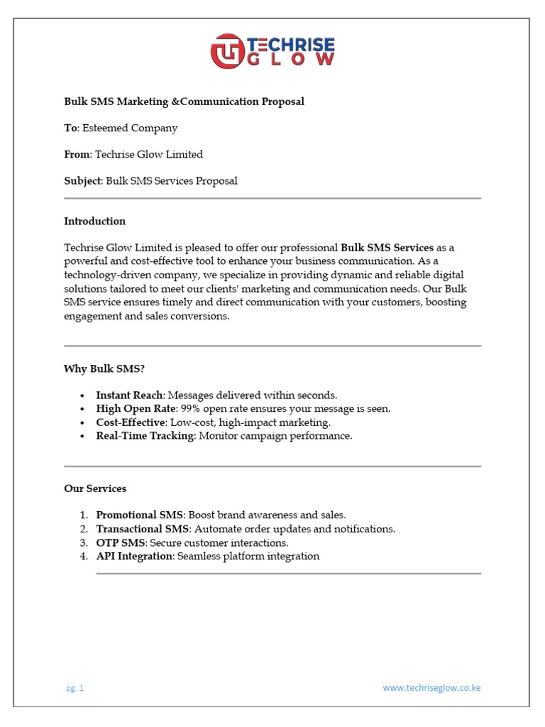 Bulk SMS Marketing Proposal by Techrise Glow | PDF